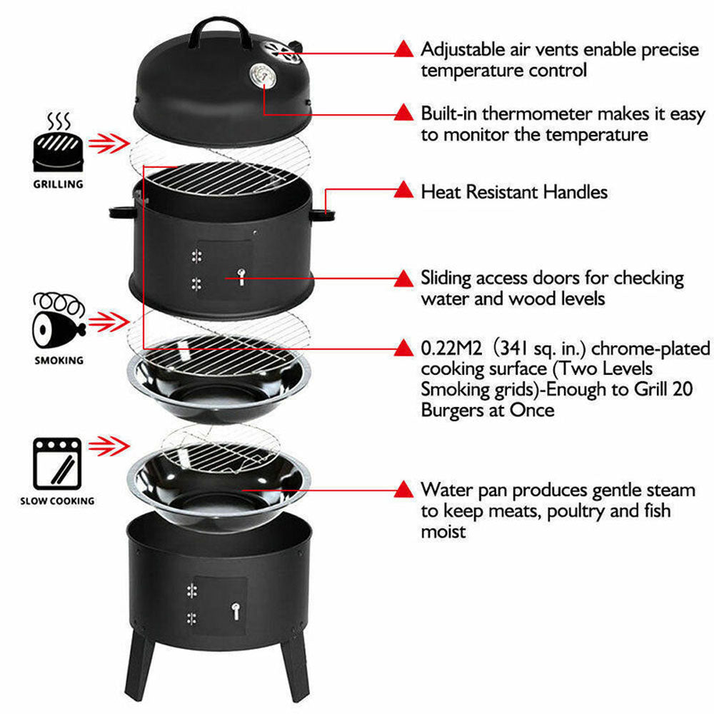 3in1 Portable Charcoal Vertical Smoker BBQ Roaster Grill - Heavy-Duty ...